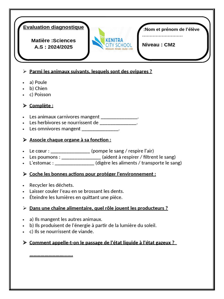 Evaluation Diagnostique CM2 Sciences | PDF