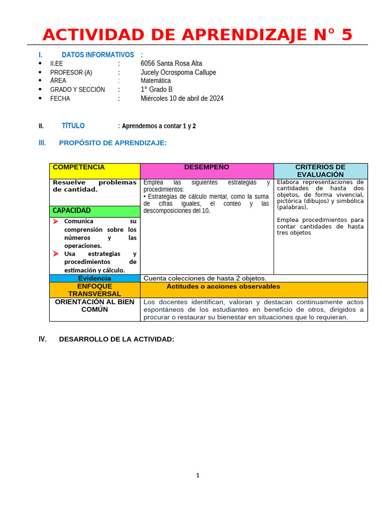 Sesion Aprendemos A Contar 1 y 2 | PDF