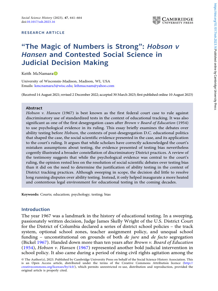Magic of Numbers Is Strong Hobson V Hansen and Contested Social Science ...