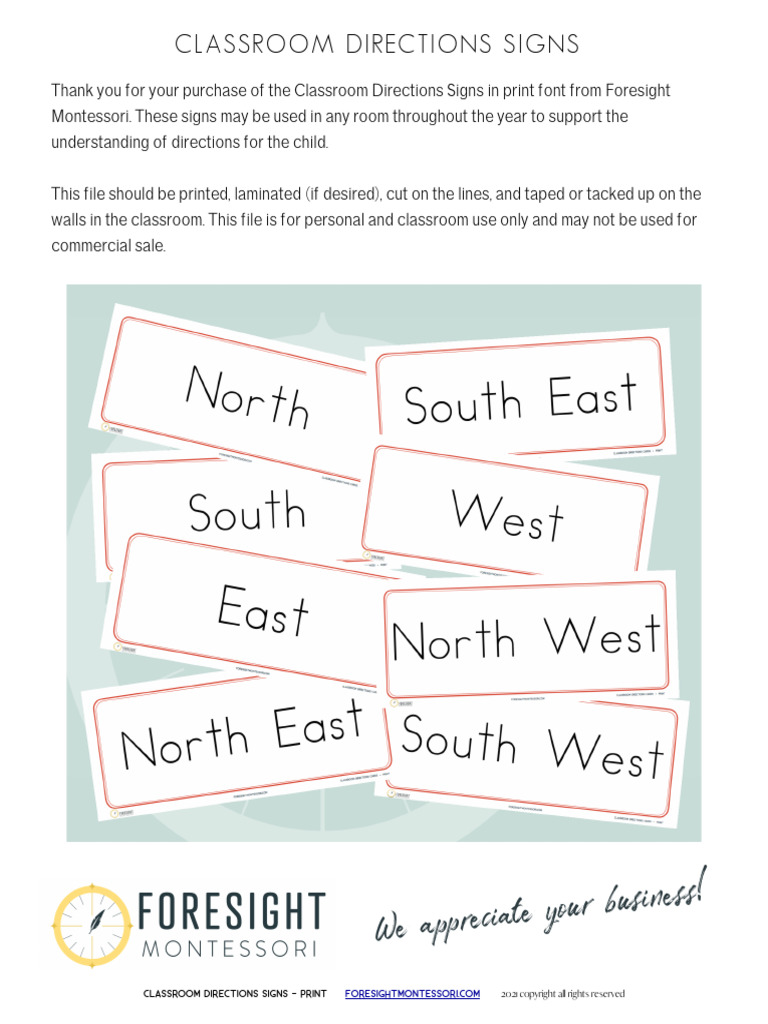 Classroom Direction Signs Foresight Print | PDF
