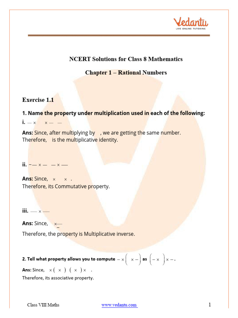 NCERT Solutions For Class 8 Maths Chapter 1 - Rational Numbers FREE PDF ...