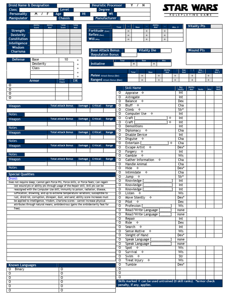 Treefrog Droid Character Sheet - v211 | PDF
