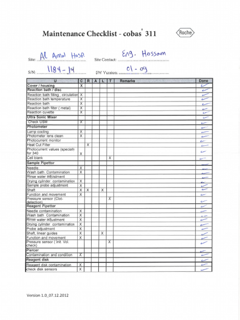 PPM Checklist (Cobas c311, S.N 1184-14, 1 ST PPM) | PDF
