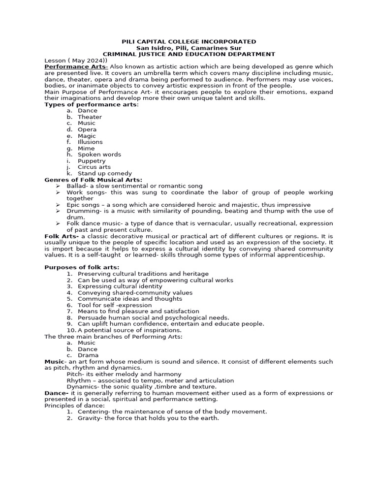 Arts Lessons May 2024 | PDF