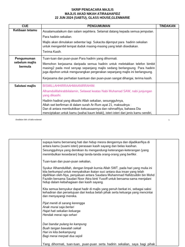 Skrip Pengacara Majlis Akad Nikah Atira | PDF
