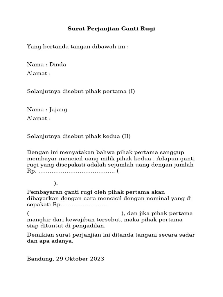 Surat Perjanjian Ganti Rugi | PDF