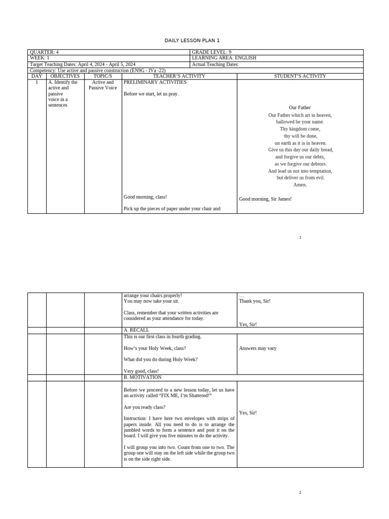 Active and Passive Voice Lesson Plan | PDF | Lord's Prayer | Language ...