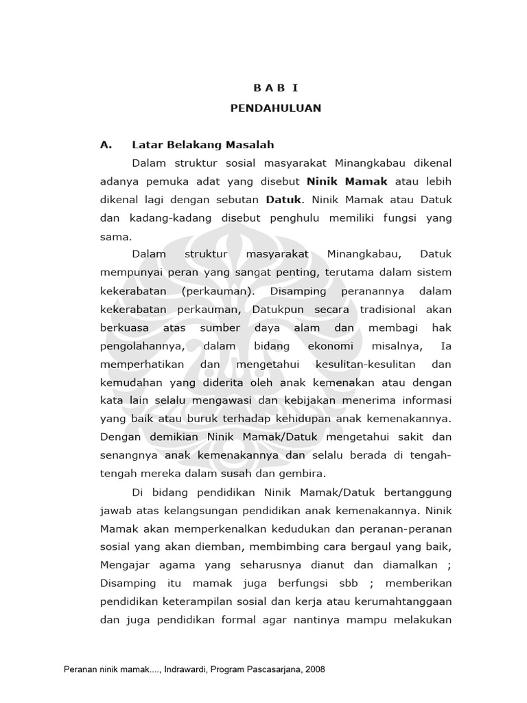 Babi Pendahuluan: Peranan Ninik Mamak...., Indrawardi, Program Pascasarjana, 2008 | PDF