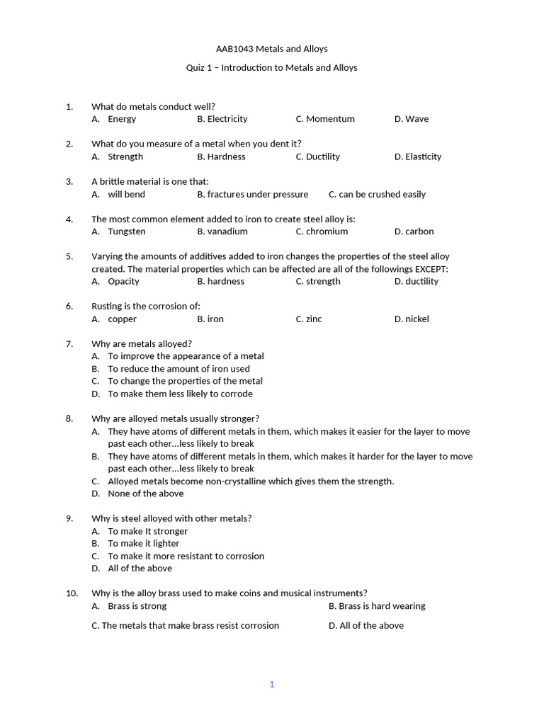Quiz 1 Metals and Alloys | PDF | Metals | Alloy