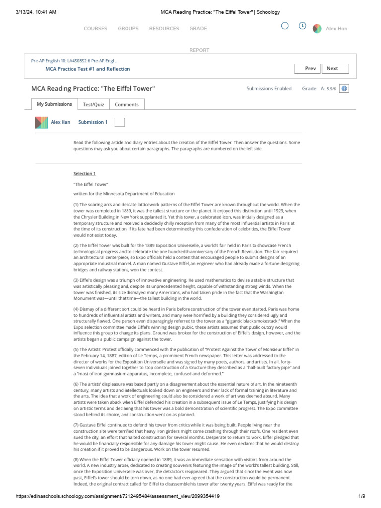 MCA Reading Practice - The Eiffel Tower - Schoology | PDF