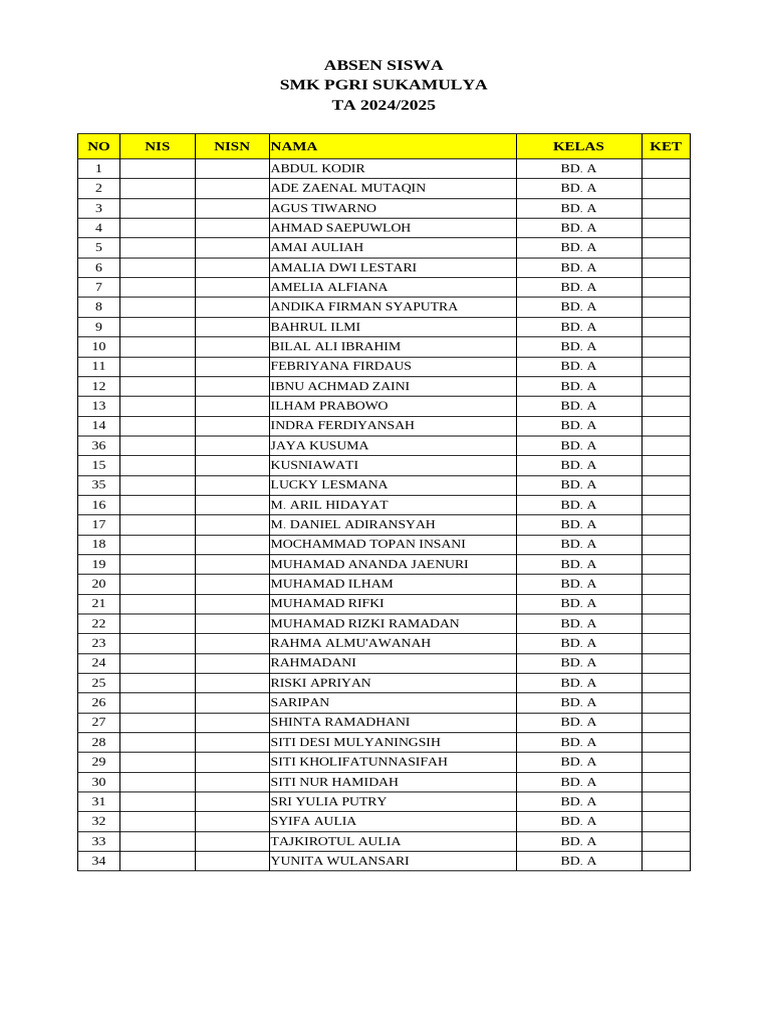 Absen Siswa 2024 - 2025 | PDF