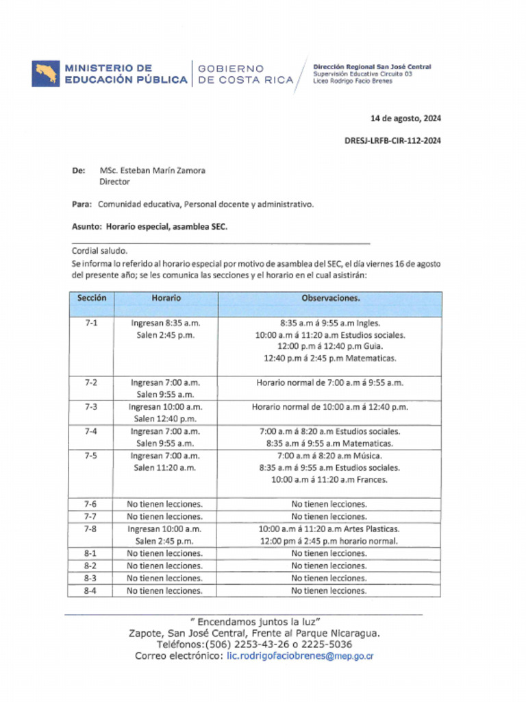 Circular 112-2024 (Horario Especial, Viernes 16 Agosto Por Asamblea SEC) | PDF