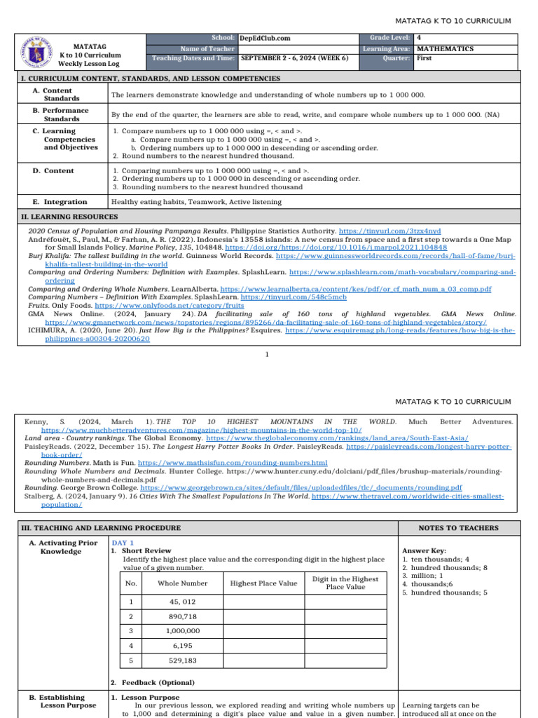DLL Matatag - Math 4 Q1 W6 | PDF