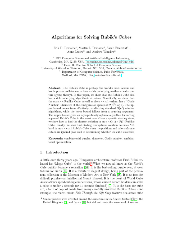 Algorithms For Solving Rubik's Cubes: Abstract | PDF