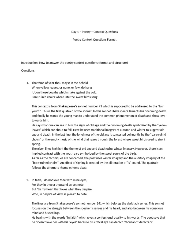 Poetry Context With Answers | PDF