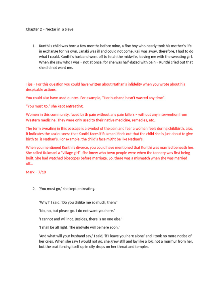 Chapter 2 - Nectar in A Sieve - Context Questions | PDF