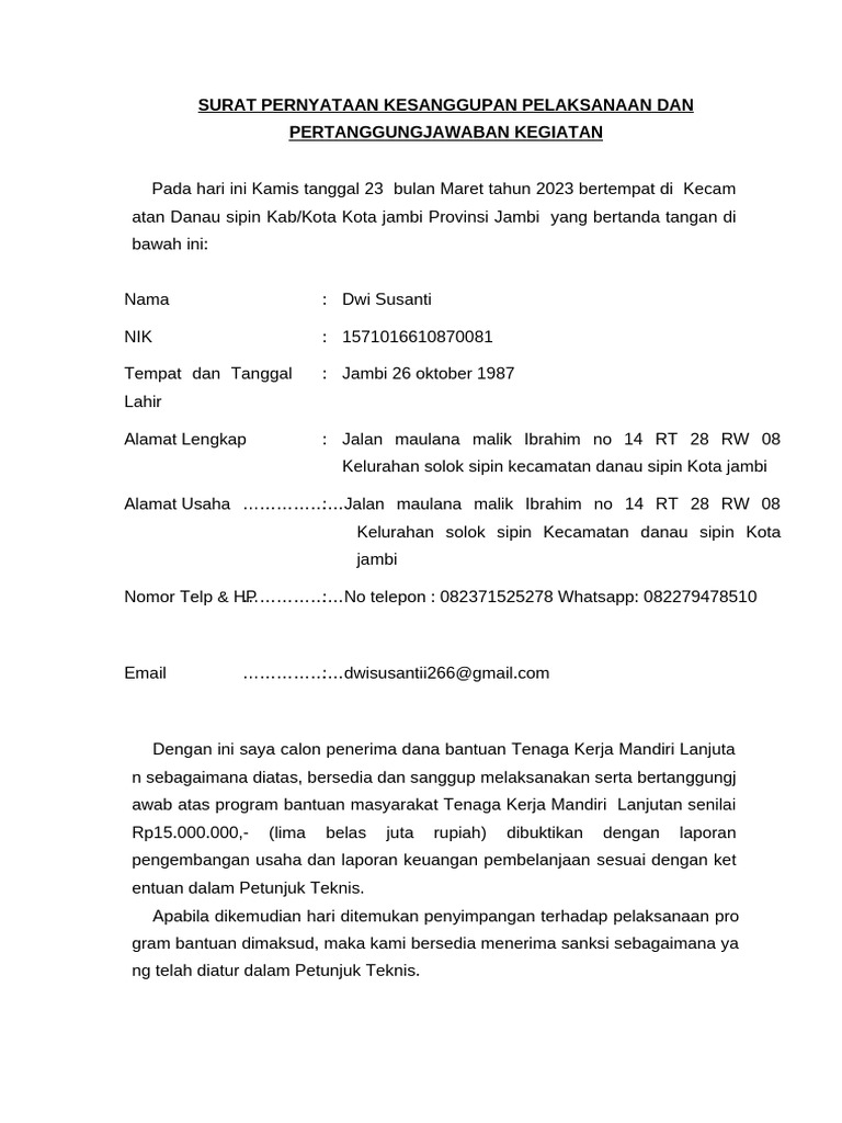 Outline Surat Pernyataan Keanggupan TKML Ta 2023 | PDF