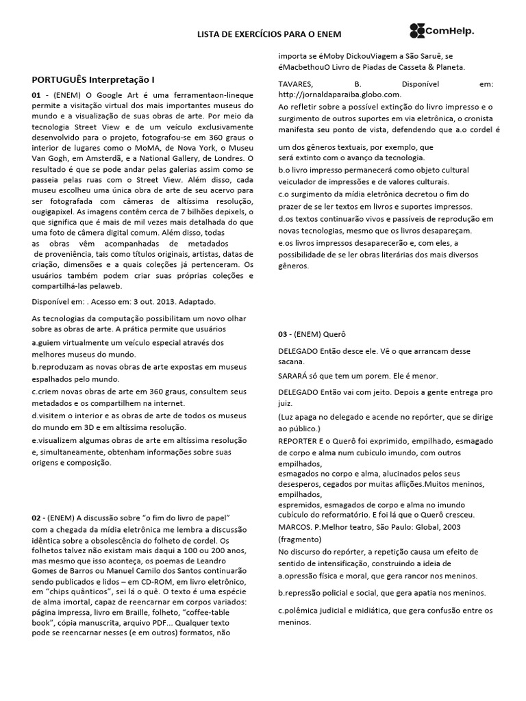 Interpretacao Textual Lista de Exercicios Portugues ENEM PDF | PDF