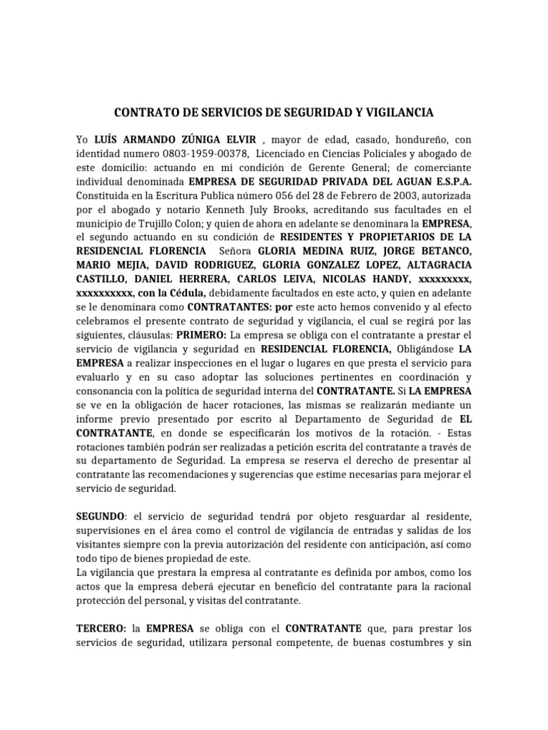 CONTRATO DE SERVICIOS DE SEGURIDAD Y VIGILANCIA (Residencias) | PDF ...