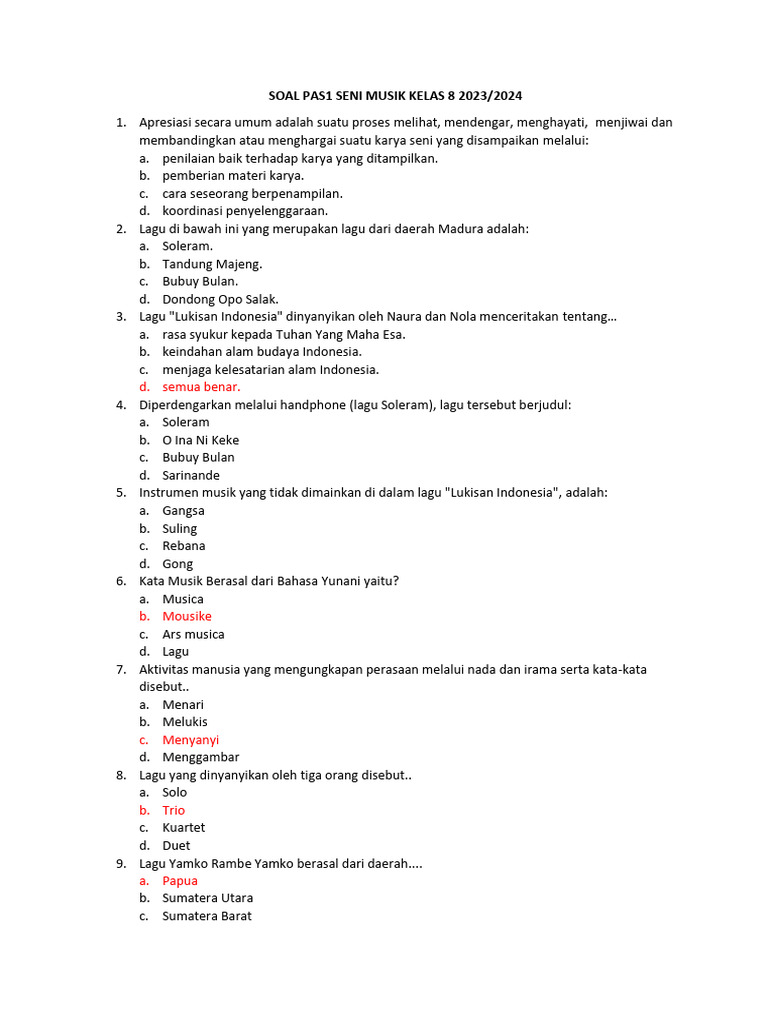 Kisi2 Pas1 Seni Musik Kelas 8 2023 | PDF