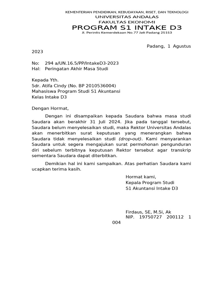 Cetak Surat Peringatan Akhir Masa Studi | PDF