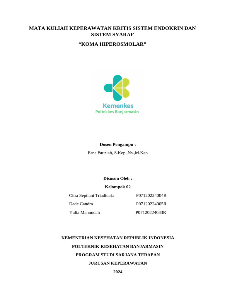 Kel 2 Kep Kritis Sistem Endokrin Dan Sistem Syaraf (Koma Hiperosmolar) | PDF | Sains & Matematika