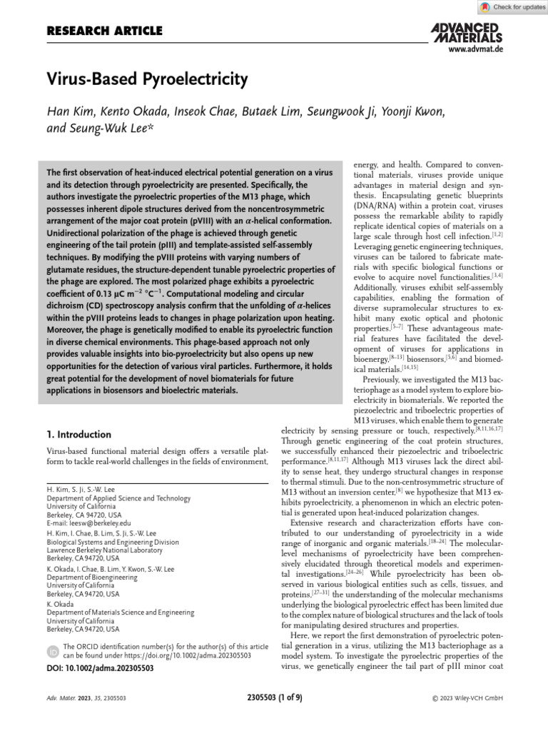 Advanced Materials - 2023 - Kim - Virus Based Pyroelectricity | PDF
