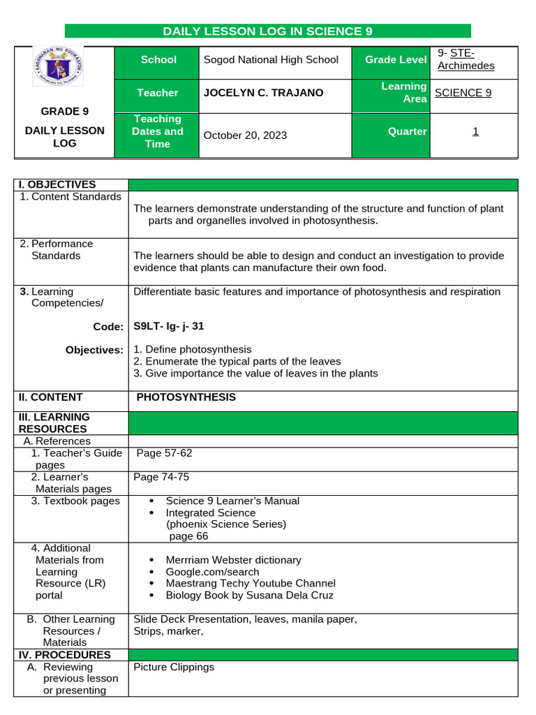 DL Lesson Plan For CO 1 - PHOTOSYNTHESIS | PDF