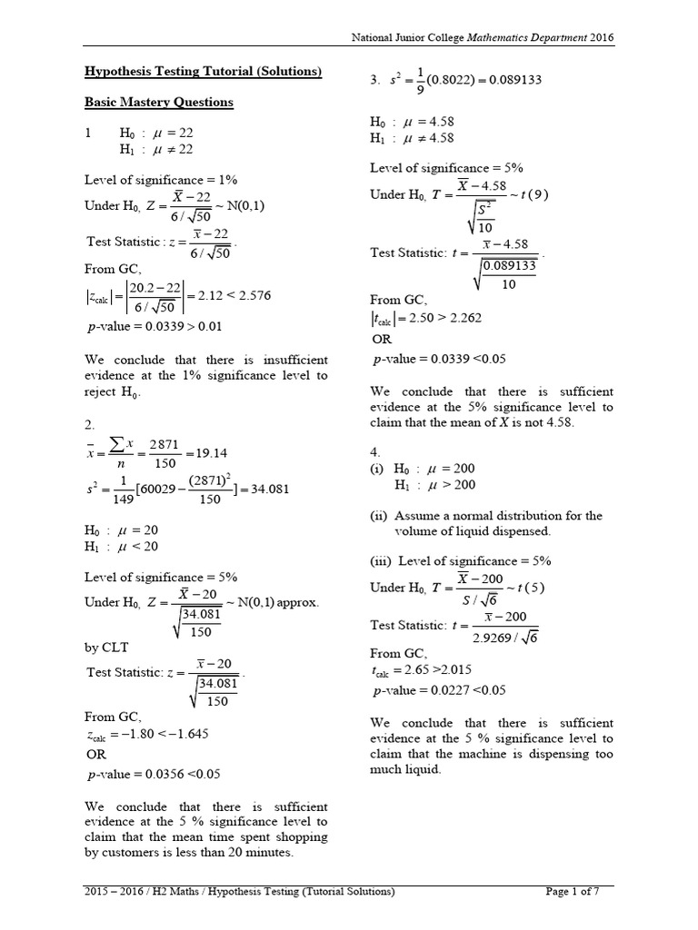Hypothesis Testing Tut Solns | PDF | Statistical Significance | P Value