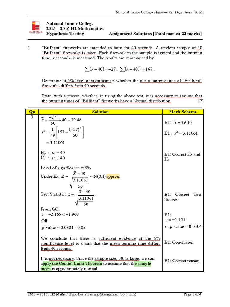 Hypothesis Testing Assignment Solns Pdf P Value Methodology 4775