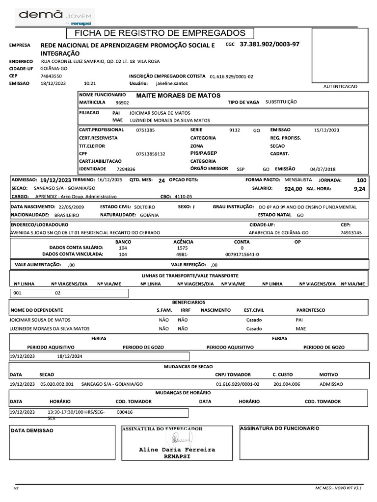 Maite Moraes de Matos - Ficha de Registro + Contrato de Trabalho ...