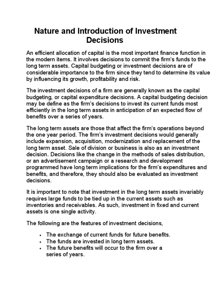 Nature and Introduction of Investment Decisions | Depreciation | Investing