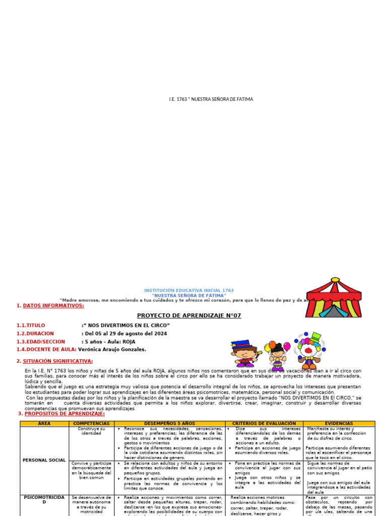 Proyecto "Nos Divertimos en el Circo" | PDF | Aprendizaje | Relaciones ...