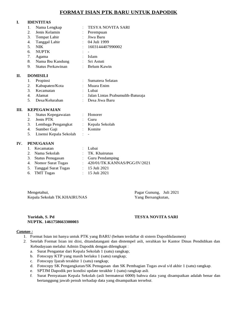 Format Isian PTK Baru 2019 | PDF