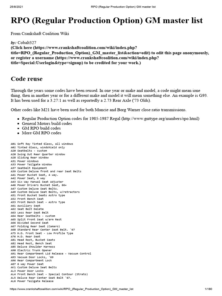 RPO (Regular Production Option) GM Master List | PDF