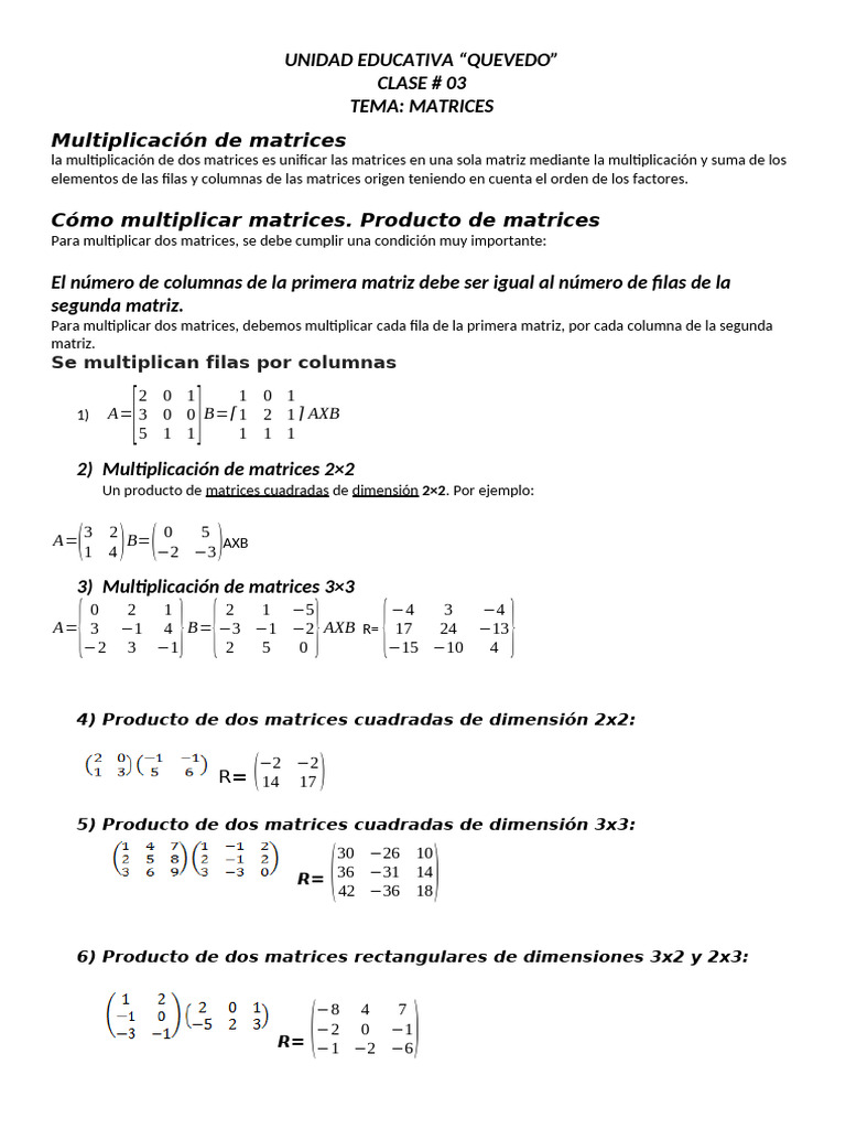 Clase # 3 Multiplicacion de Matrices | PDF