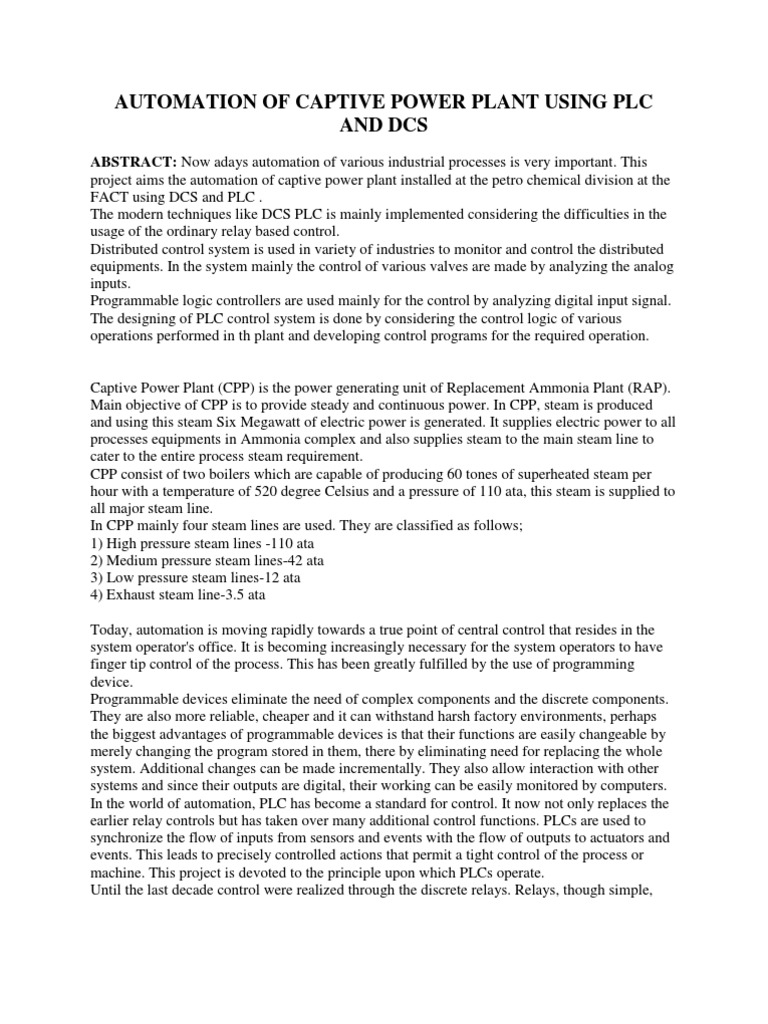 Automation of Captive Power Plant Using PLC and Dcs | PDF ...