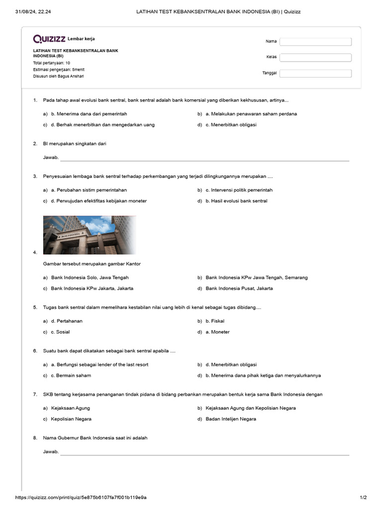 LATIHAN TEST KEBANKSENTRALAN BANK INDONESIA (BI) - Quizizz | PDF