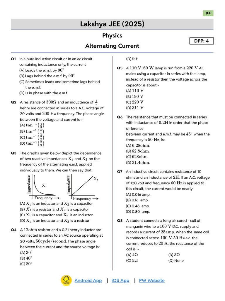 Alternating Current DPP 04 (Of Lec 07) | PDF