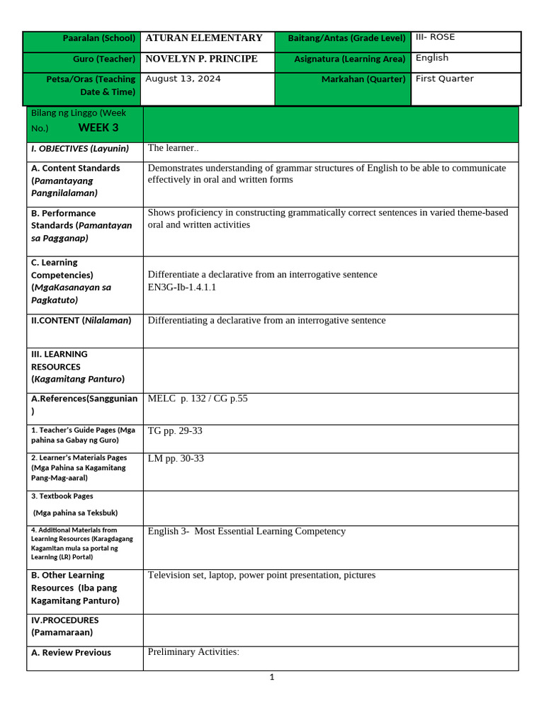 ENGLISH DLL Q1 W3-Day-2 | PDF | Learning | Human Communication