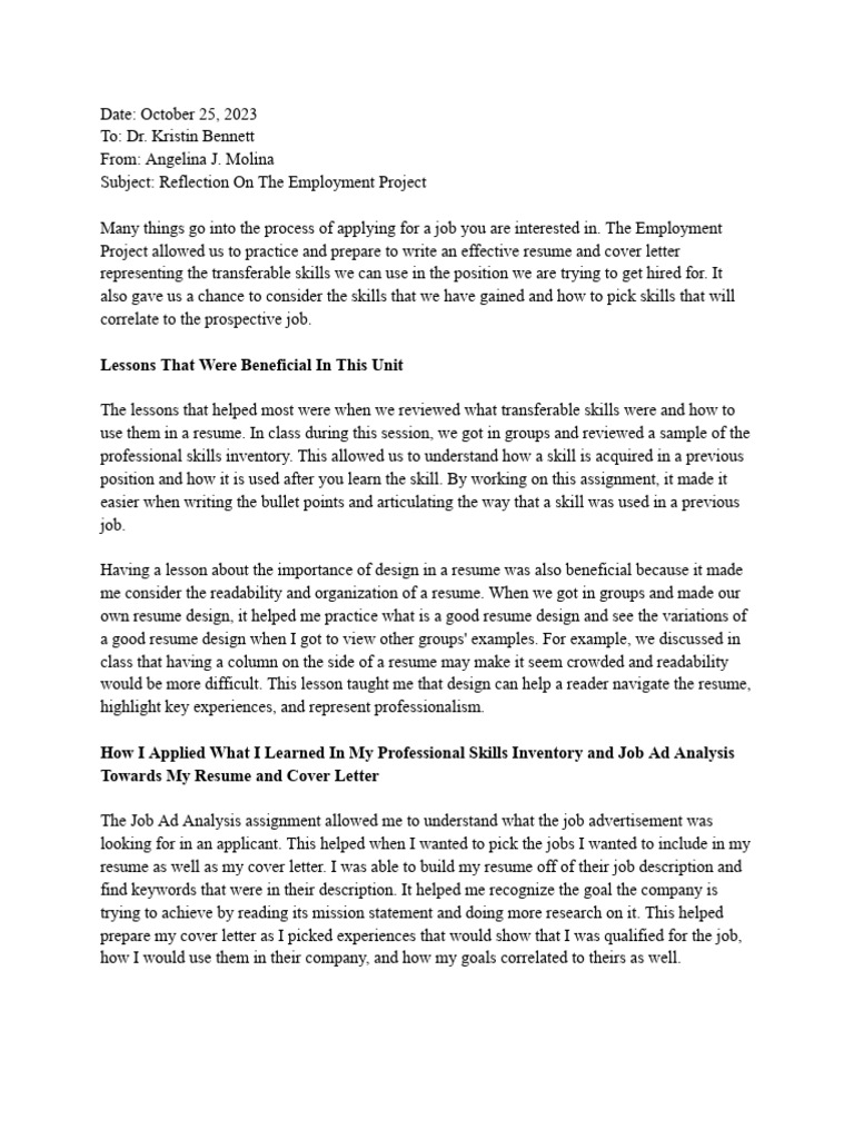 Employment Project Reflection Memo | PDF
