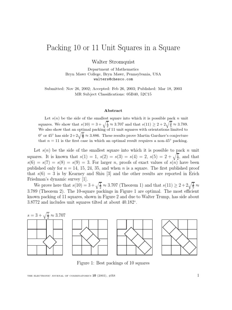 Walter Stromquist - Packing 10 or 11 Unit Squares in A Square | PDF ...