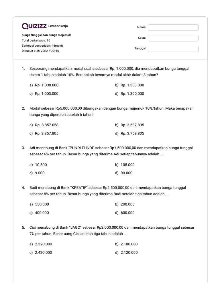 Soal Bunga Tunggal dan Majemuk Kelas 11 | PDF | Game & Aktivitas ...