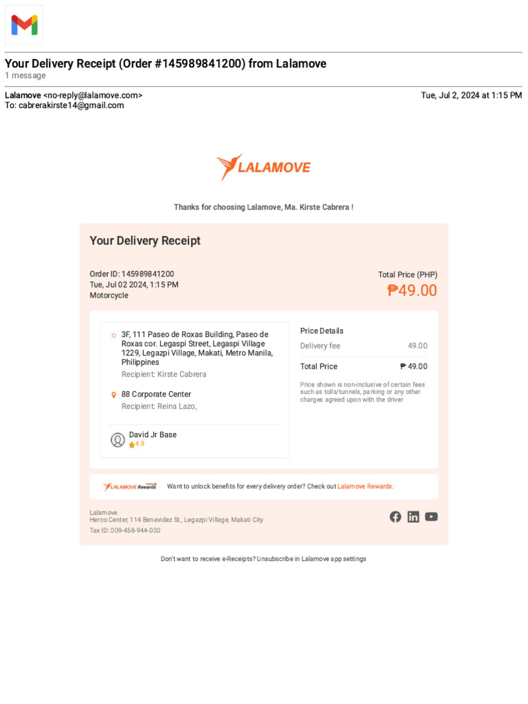 Gmail - Your Delivery Receipt (Order #145989841200) From Lalamove | PDF