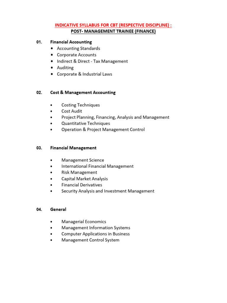 Post-Management Trainee (Finance) Financial Accounting: Indicative ...