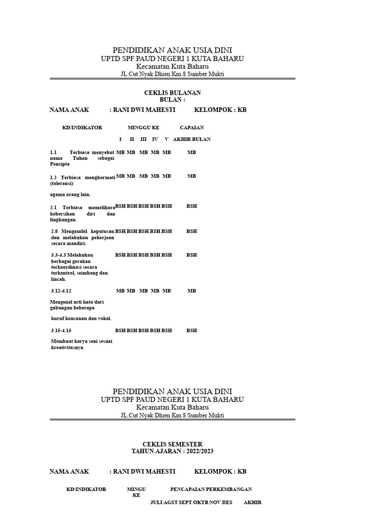 Ceklis Perkembangan Anak PAUD | PDF