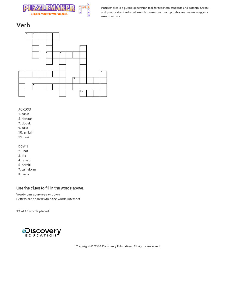 Criss Cross Puzzle - Discovery Education Puzzlemaker | PDF