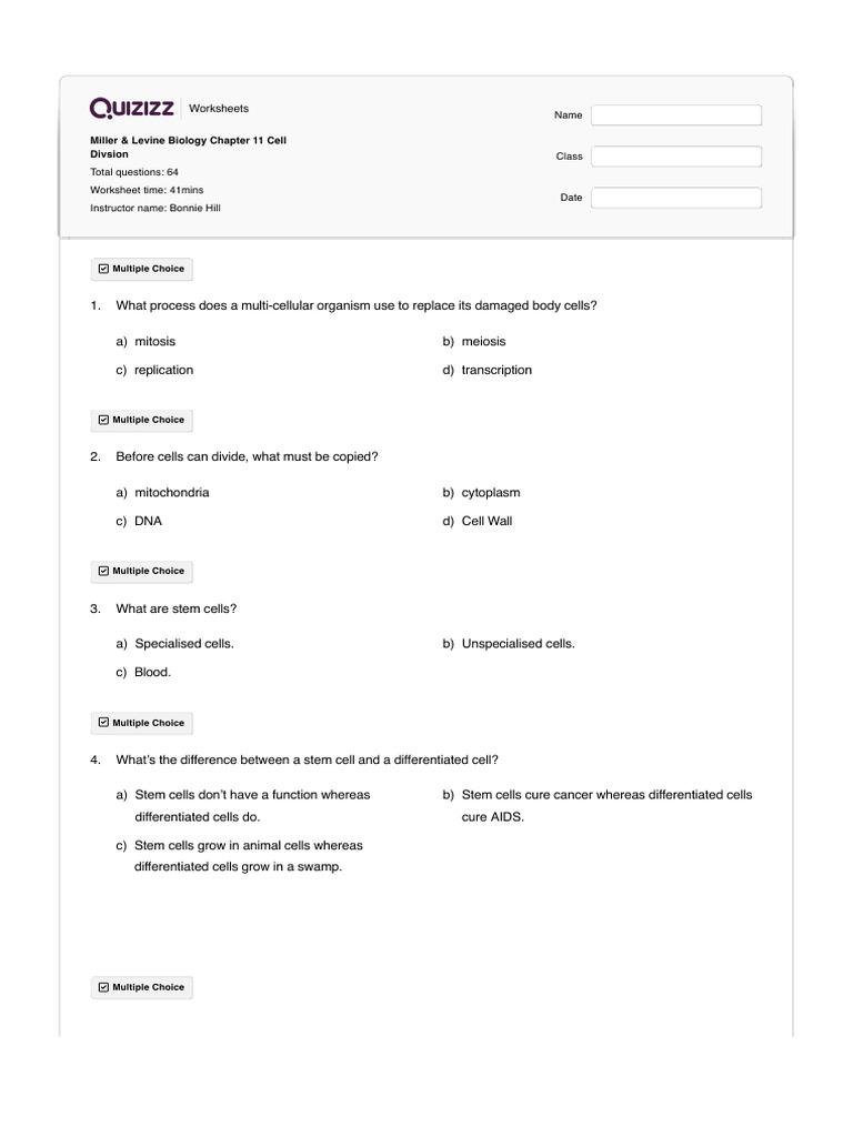 Miller & Levine Biology Chapter 11 Cell Divsion Quizizz | PDF | Mitosis ...