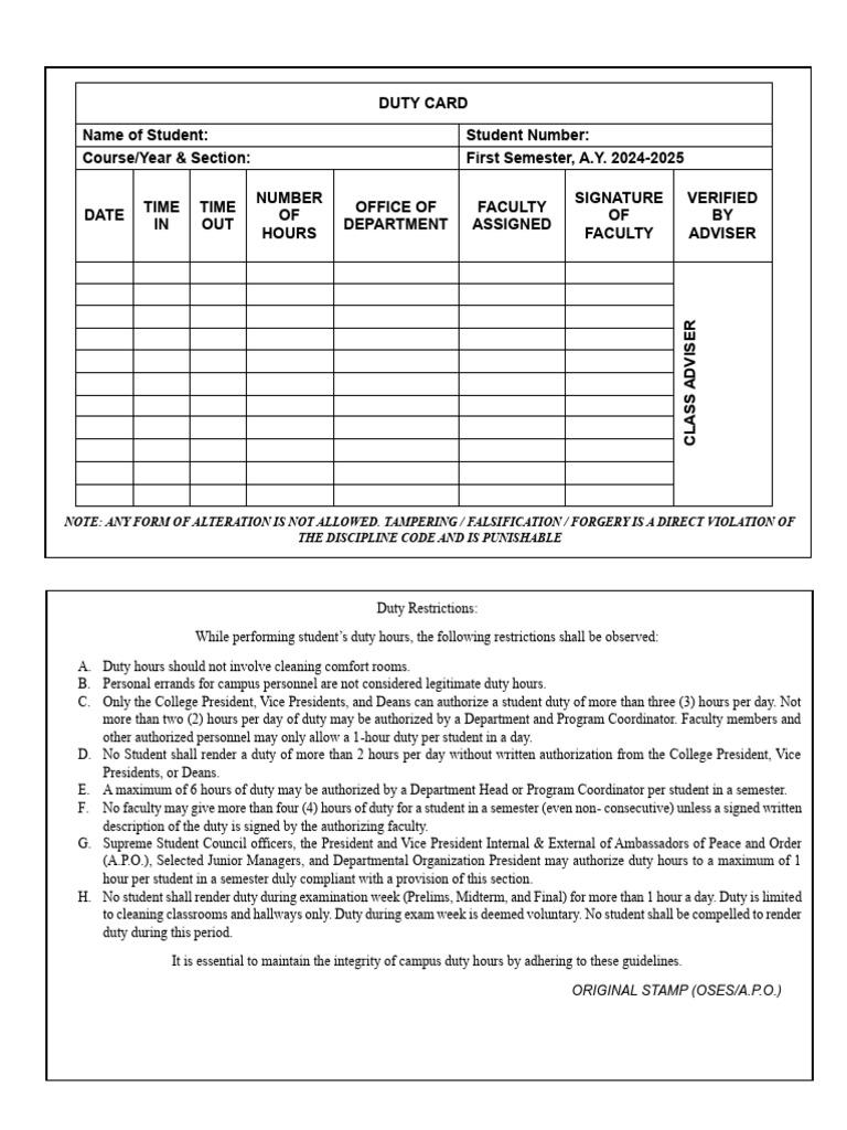 Duty Card Duty Card | PDF