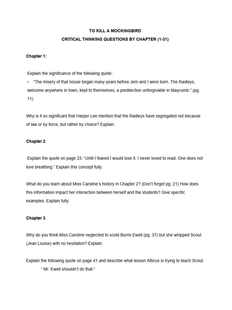 To Kill A Mockingbird Critical Thinking Questions by Chapter 1 31 | PDF